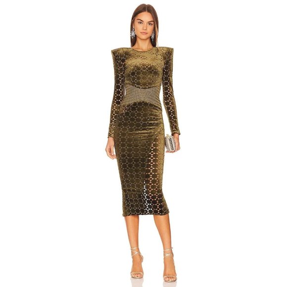 Zhivago | Dresses | Zhivago Salvation Long Sleeve Khaki Laser Cut Velvet Bodycon Midi Dress ...